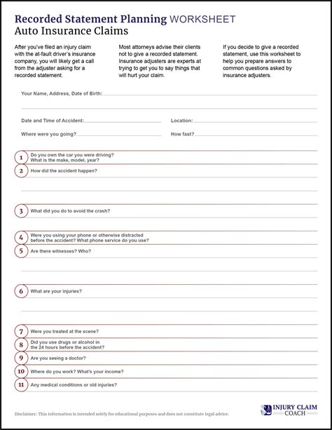 Recorded Statement Planning Worksheet For Auto Accident Claims