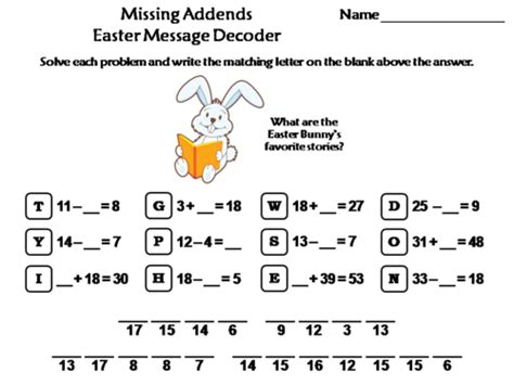 Missing Addends Easter Math Activity Message Decoder Teaching Resources