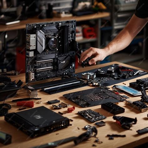 A Technician Assembling A Custombuilt Pc With Components Laid Out On A Workbench Premium Ai