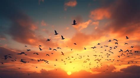 Premium Ai Image A Flock Of Birds Flying In The Sky With The Sun