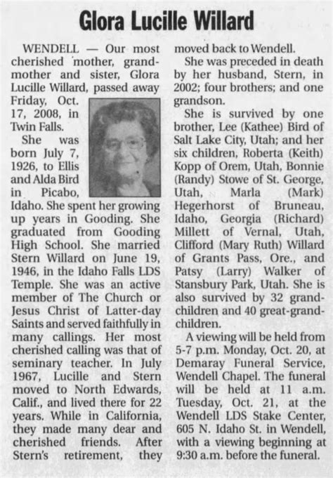 Obituary For Glora Lucille Willard 1926 2008 ™