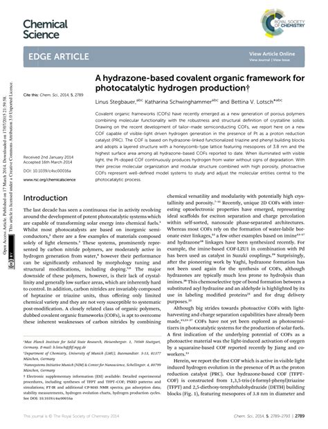 Pdf A Hydrazone Based Covalent Organic Framework For Photocatalytic