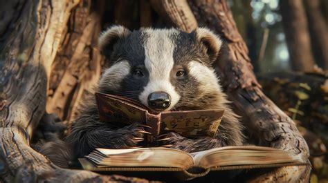 A Cute Badger Is Sitting In A Hollow Tree Reading A Book The Badger Is Wearing A Pair Of Glasses