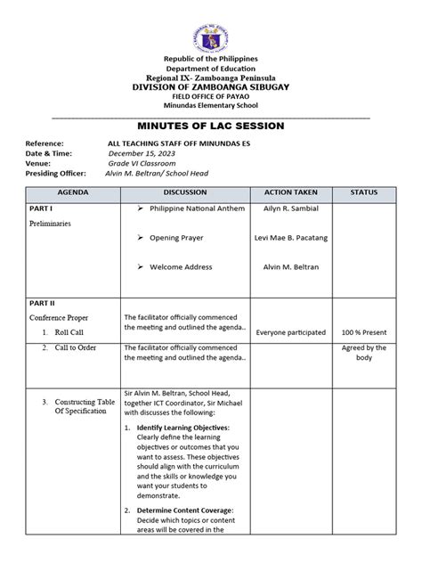 Tos Lac Session Minutes Pdf Learning Cognition