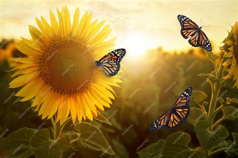 Premium Photo Amazing Monarch Butterflies In Sunflower Field At Sunset