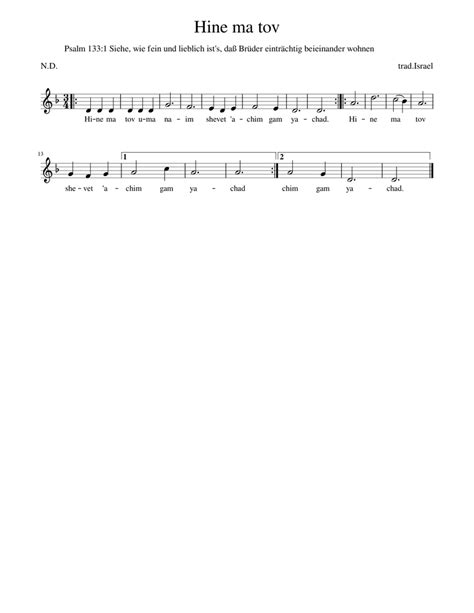 Hine Ma Tov Sheet Music For Piano A Capella Easy