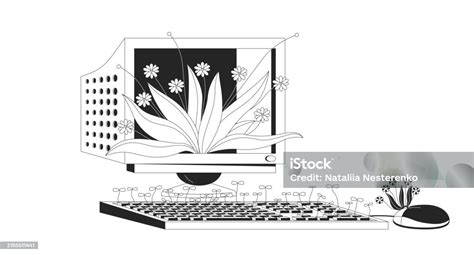 Old Computer With Growing Plants Black And White Lofi Wallpaper Stock