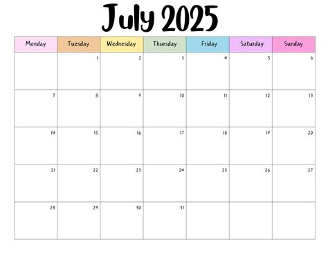 Editable July 2025 Calendar Printable Activity Planner Rainbow
