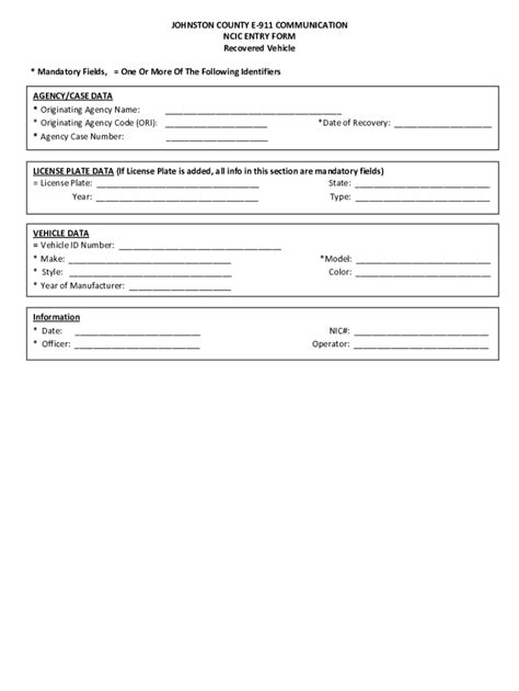 Fillable Online Johnston County E 911 Communication Ncic Entry Form Recovered Vehicle Fax