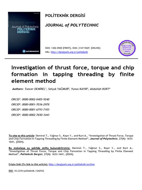 Investigation Of Thrust Force Torque And Chipformation In Tapping Threading By Finiteelement