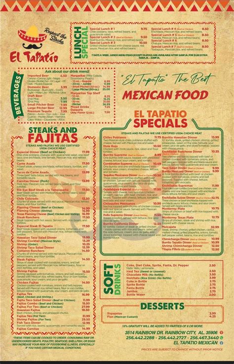 Menu At El Tapatio Mexican Restaurant Rainbow City