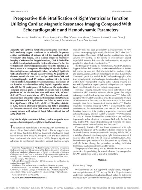Pdf Preoperative Risk Stratification Of Right Ventricular Function