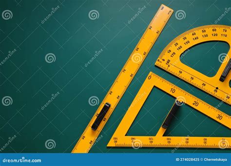 Protractor Triangle And Ruler On Green Chalkboard Flat Lay Space For Text Stock Image Image