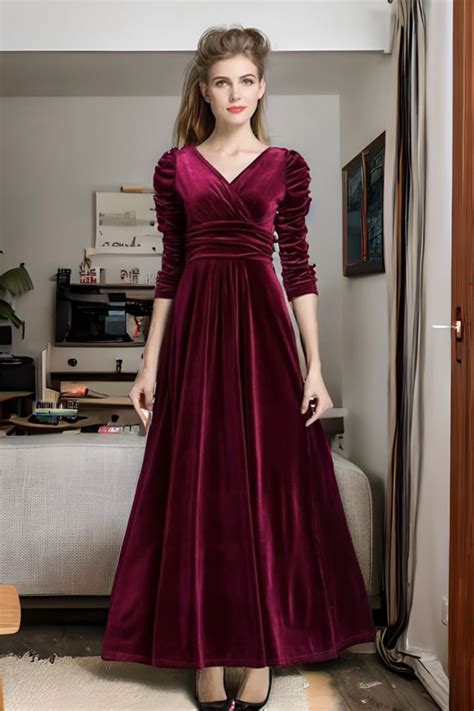 Womens Long Sleeve V Neck Velvet Maxi Dress Etsy Velvet Dress