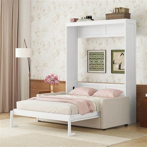 Harper And Bright Designs Space Saving White Wood Frame Queen Murphy Bed