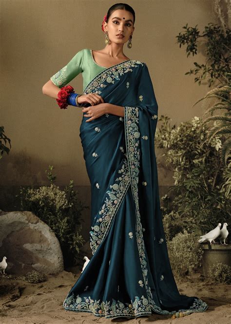 Peacock Blue Embroidered Dola Silk Saree Urban Womania