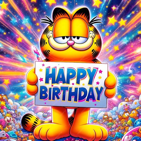 An Animated Garfield Holds A Sign That Says Happy Birthday Premium Ai