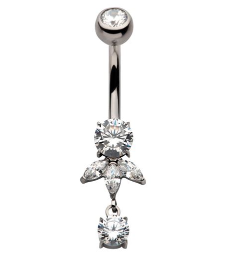 Sepal Dangle Clear Cz Internally Threaded Titanium Belly Button Ring