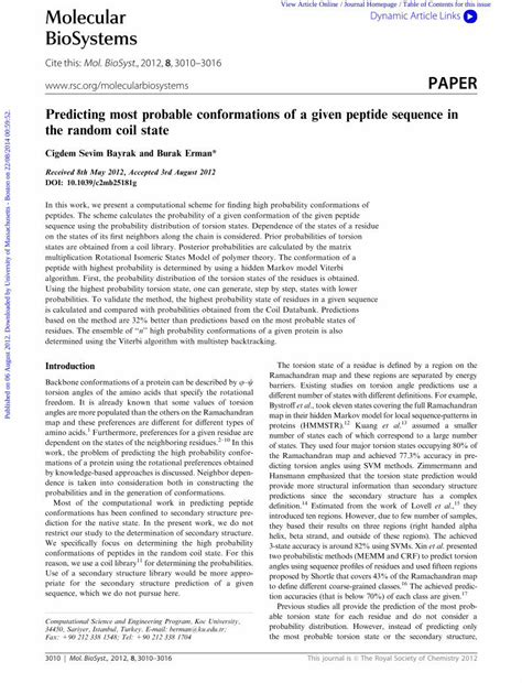 Pdf Predicting Most Probable Conformations Of A Given Peptide