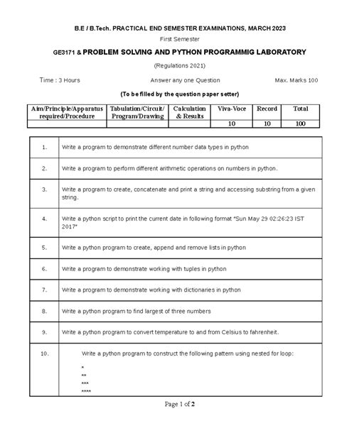 Problem Solving And Python Problem Solving Page 1 Of 2 B B Practical End Semester