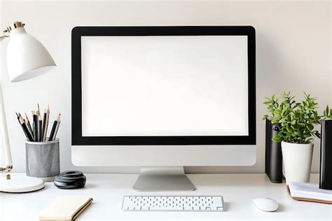 Minimalist Workspace With Blank Computer Screen Keyboard And Mouse Premium Ai Generated Image
