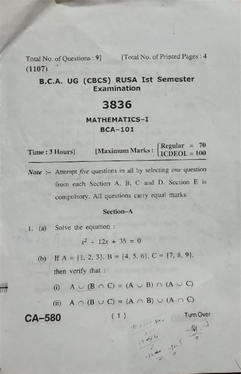 BCA Mathematics Question Paper HPU
