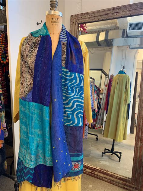 Georgette Vintage Silk Patch Kantha Scarf Short Gs2805 Blu Mieko