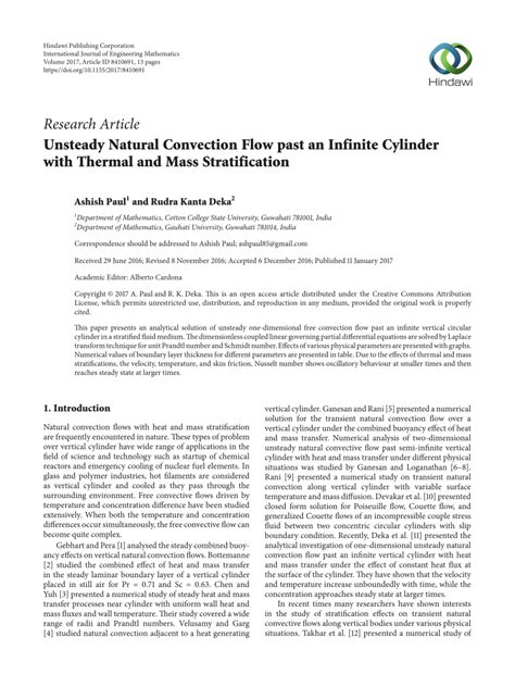 PDF Unsteady Natural Convection Flow Past An Infinite Cylinder With Thermal And Mass