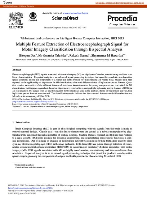 Pdf Multiple Feature Extraction Of Electroencephalograph Signal For Motor Imagery