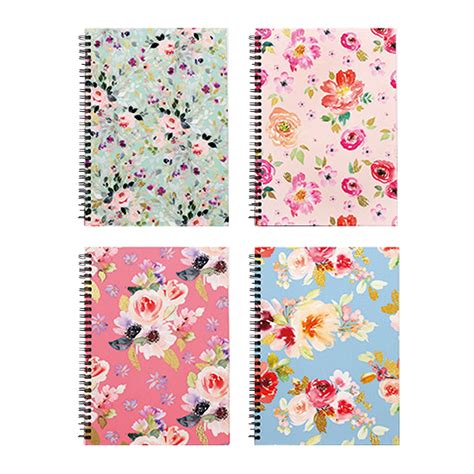 4 Pack Thick Flower Design Hardcover Notebooks 8mm Ruled 4 Colors Yellow Red Green Blue