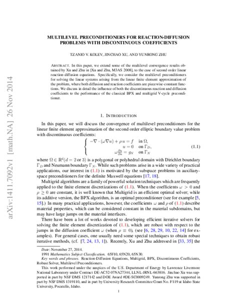 Pdf Multilevel Preconditioners For Reaction Diffusion Problems With