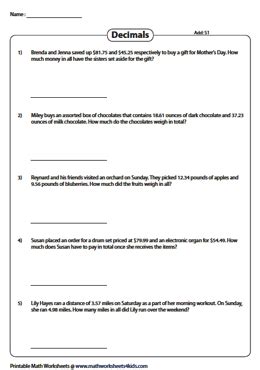 Decimal Word Problems Worksheets Worksheets Library