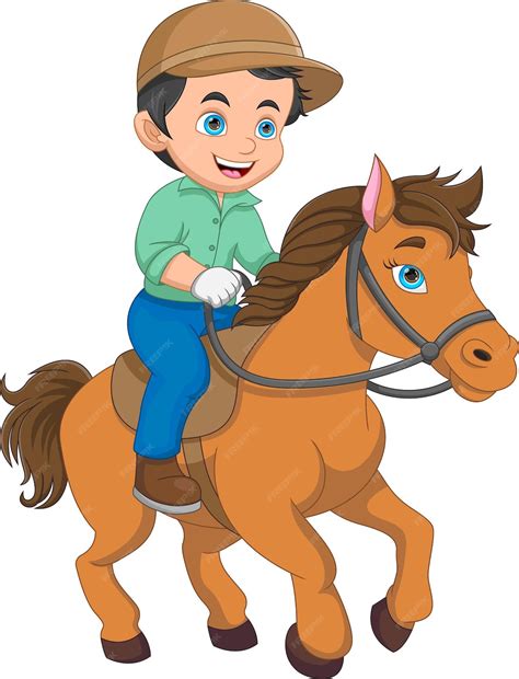 Un Niño Lindo De Dibujos Animados Montando Un Caballo Vector Premium