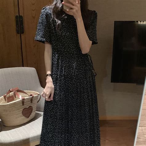 리얼코코 누적1만장 시원한원단5부소매허리스트랩 위버 반팔 롱원피스 2 Color 여름썸머여행룩바캉스휴양지패턴도트플리츠드레스