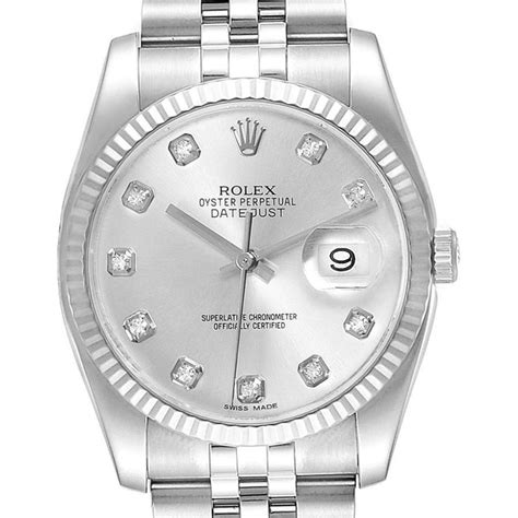 Rolex Datejust 36 Steel White Gold Silver Diamond Dial Mens Watch