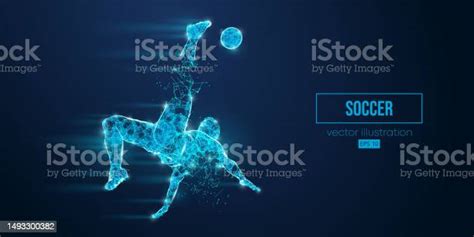 축구의 추상적인 와이어프레임 실루엣 파란색 배경에 삼각형과 입자로 만든 축구 선수 축구 선수 남자가 공을 친다 벡터 그림 개념에 대한 스톡 벡터 아트 및 기타 이미지