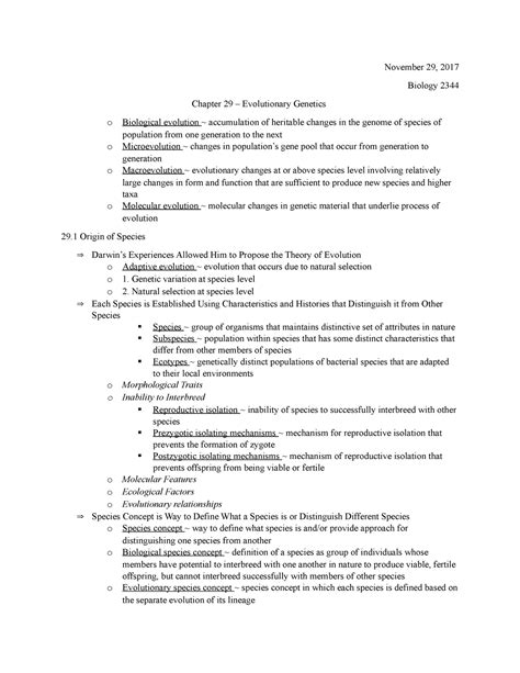 Chapter 29 Evolutionary Genetics November 29 2017 Biology 2344