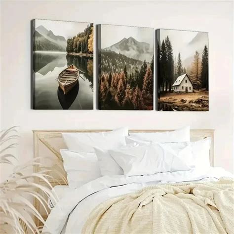 3pcs Rural Farmhouse And Lake View Wall Art Set Canvas Framed 40x60cm