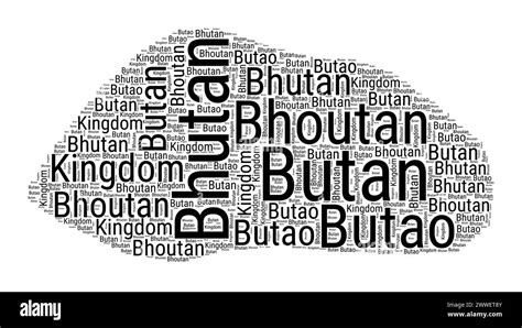 Black And White Word Cloud In Bhutan Shape Simple Typography Style Country Illustration Plain