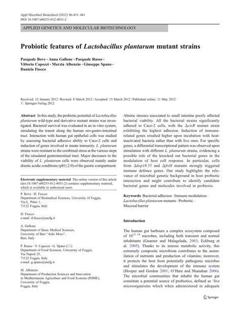 Pdf Probiotic Features Of Lactobacillus Plantarum Mutant Strains