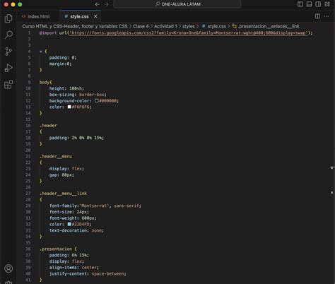 haga lo que hicimos en aula html y css header footer y variables css alura latam cursos