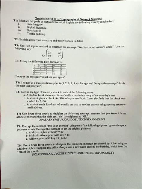 Tutorial Sheet 01 Cryptography And Network Security Pdf