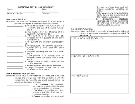 Summative Test In Math 7 Intro To Algebra And Operations On