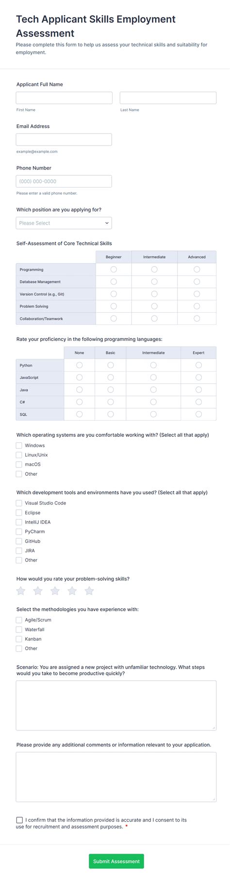 Tech Applicant Skills Employment Assessment Form Template Jotform