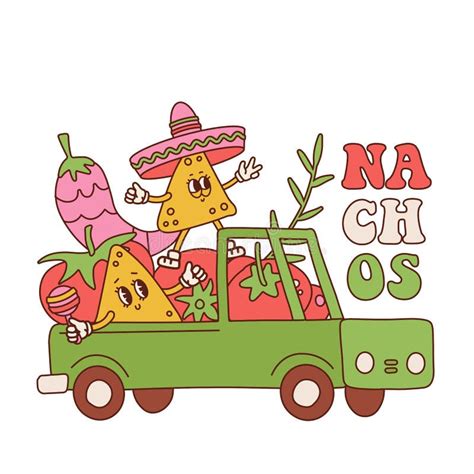 Cute Retro Cartoon Nacho Characters In Pickup With Fresh Vegetables For Cooking Salsa Sauce