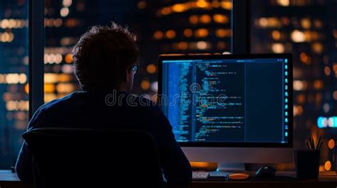 Young Male Programmer In Glasses Works Late At Night Focused On Coding On Computer Screen City