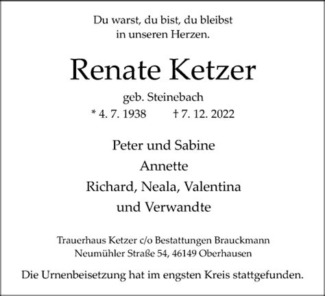 Traueranzeigen Von Renate Ketzer Trauer In Nrw De
