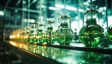 Close Up Of A Row Of Glass Flasks With Green Liquid Inside On A