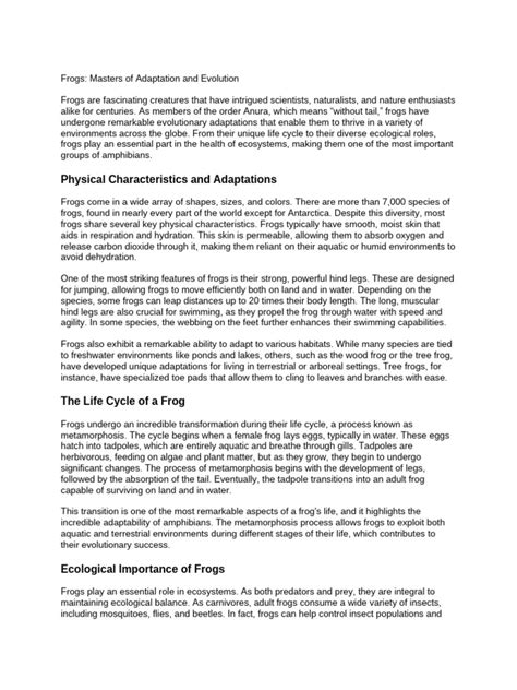 Frogs Masters Of Adaptation And Evolution Pdf Frog Conservation