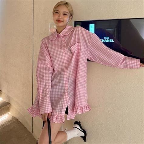 Houzhou 여성용 핑크 격자 무늬 긴 셔츠 Y2k 스트리트웨어 한국 패션 아름다운 시크 블라우스 카와이 귀여운 셔츠